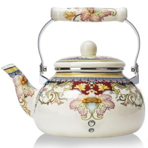 floral ceramic enamel teapot tea kettle for stovetop,large porcelain enameled teakettle (white) (2.4l, white2)