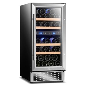 karcassin dual zone 15 inch wine cooler, 28 bottle wine fridge with stainless steel tempered glass door, fit red & white wine, built-in or freestanding