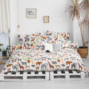 BlueBlue Safari Kids Duvet Cover Set Twin, 100% Cotton Bedding for Boys Girls Teens Single Bed, Animal Lion Elephant Rhino Giraffe Zebra Pattern on White, 1 Comforter Cover 2 Pillowcase (Twin, Zoo)