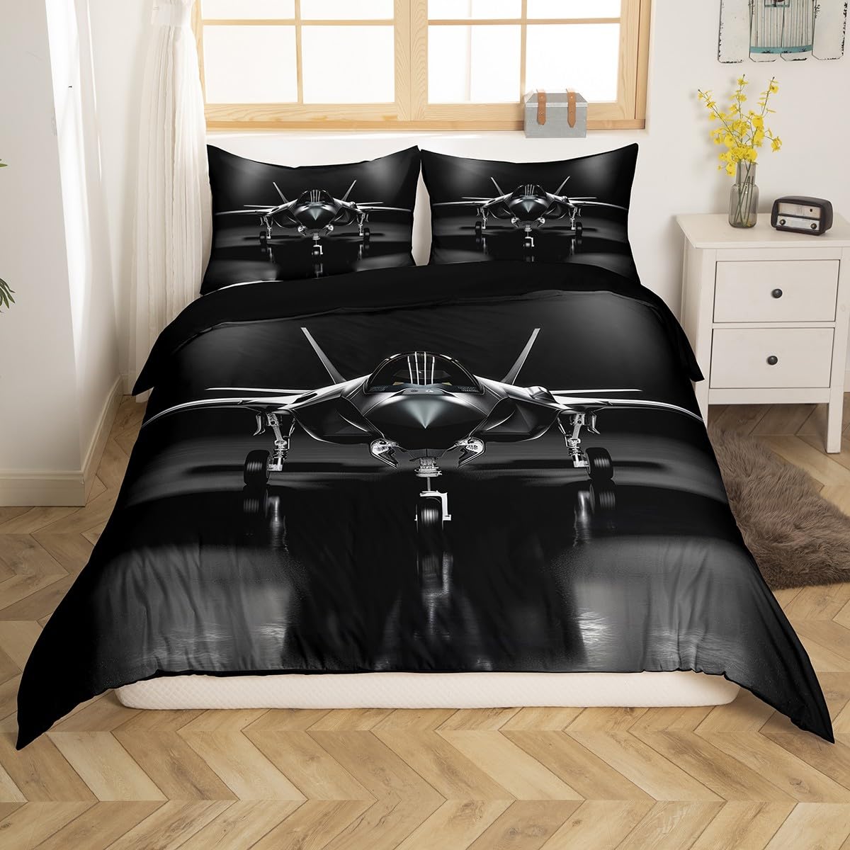 Erosebridal 3D Fighter Aircraft Comforter Set Boys Bedroom Decorative Kids Duvet Cover Black Airplane Printed Bedding Set Soft Microfiber Quilt Cover for Home Hotel Dorm (Full Size)