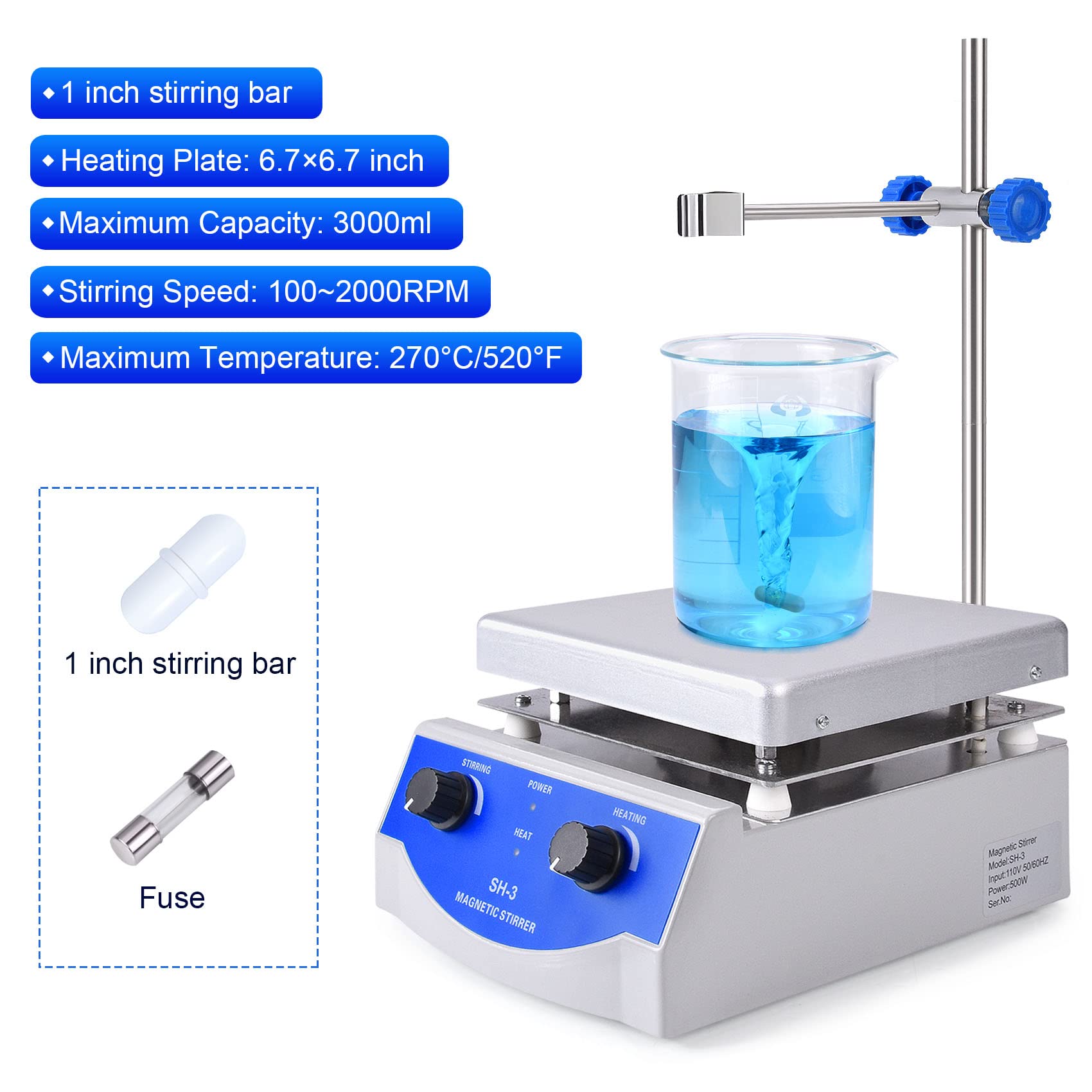 Slendor Magnetic Stirrer Hot Plate Mixer 3000ml Stirring Capacity 6.7 x 6.7 inch Max 520°F Hotplate and 100-2000 RPM Stirrer, Stirring Bar & Support Stand Included