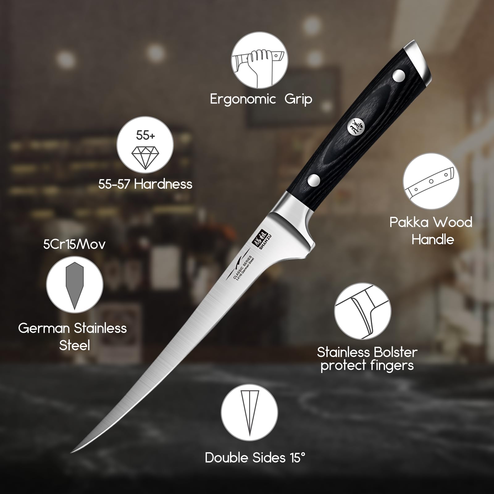 SHAN ZU Fillet Knife 7 inch- Edge Deboning Fish and Meat Boning Knife, Professional Super Sharp Fish Knife Made of German Stainless Steel Boning Knife with Full Tang Handle