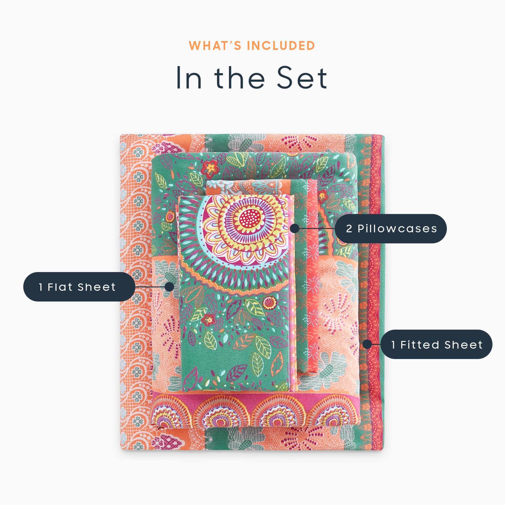 Wake In Cloud - Boho Bed Sheets, 4-Piece Sheet Set, Bohemian Chic Mandala Medallion Colorful Hippie Aesthetic Bedding, Deep Pocket, Orange Green, Twin Size