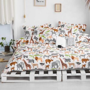 blueblue safari kids duvet cover set twin, 100% cotton bedding for boys girls teens single bed, animal lion elephant rhino giraffe zebra pattern on white, 1 comforter cover 2 pillowcase (twin, zoo)