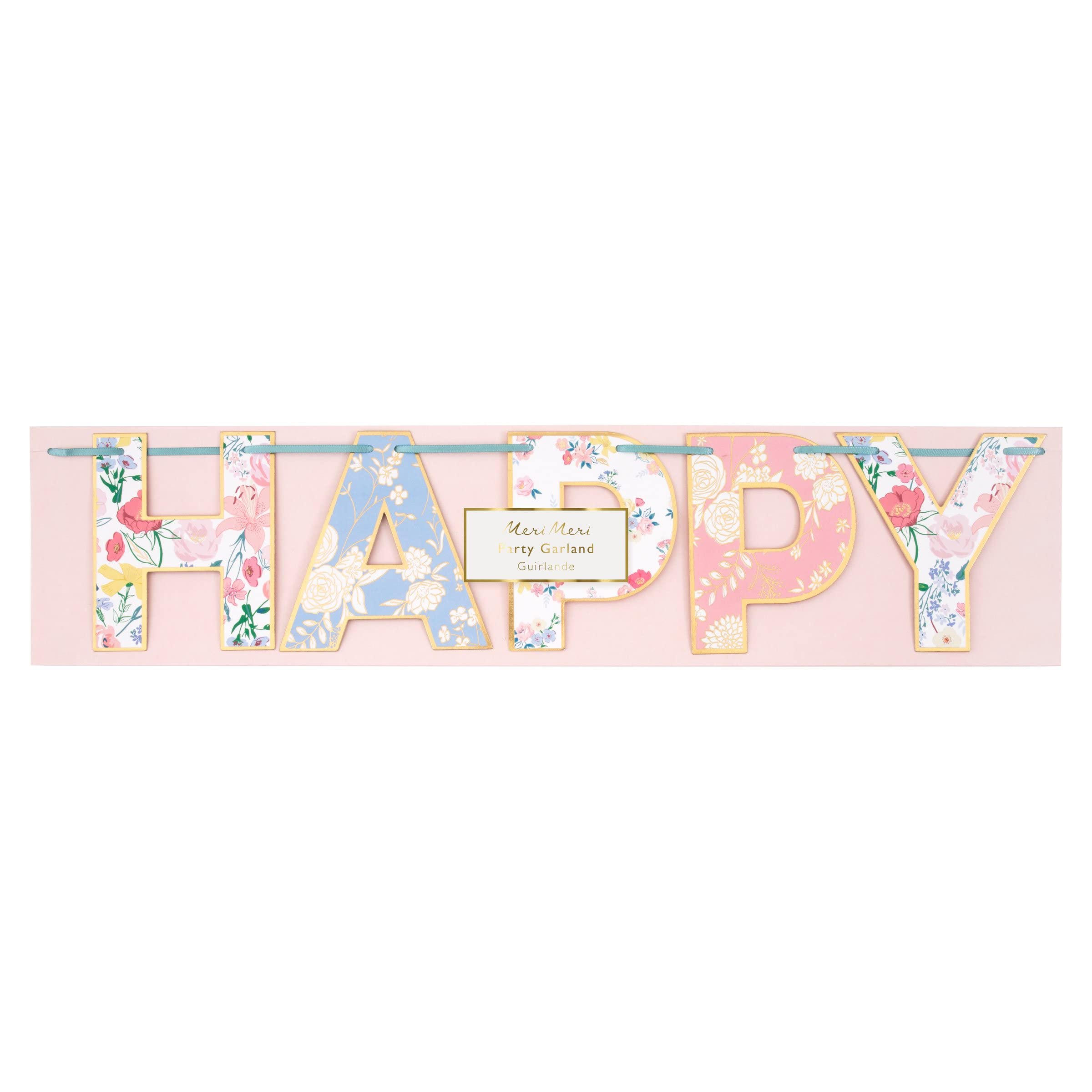 Meri Meri English Garden Happy Birthday Banner (Pack of 1), 6' Birthday Party Garland Including Excess Cord, Meri Meri Party Garland