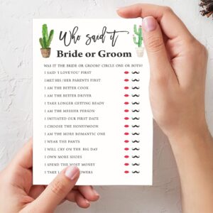 Inkdotpot Cactus Taco'bout Love 50-Pack He Said She Said Cards for Couples Funny Rehearsal Dinner Who Said it Question Bridal Shower Engagement Party Game Ideas