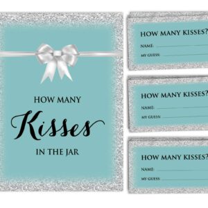 Inkdotpot Aquamarine Glitter How Many Kisses in The Jar Bridal Shower Game 1 Sign + 30 Cards