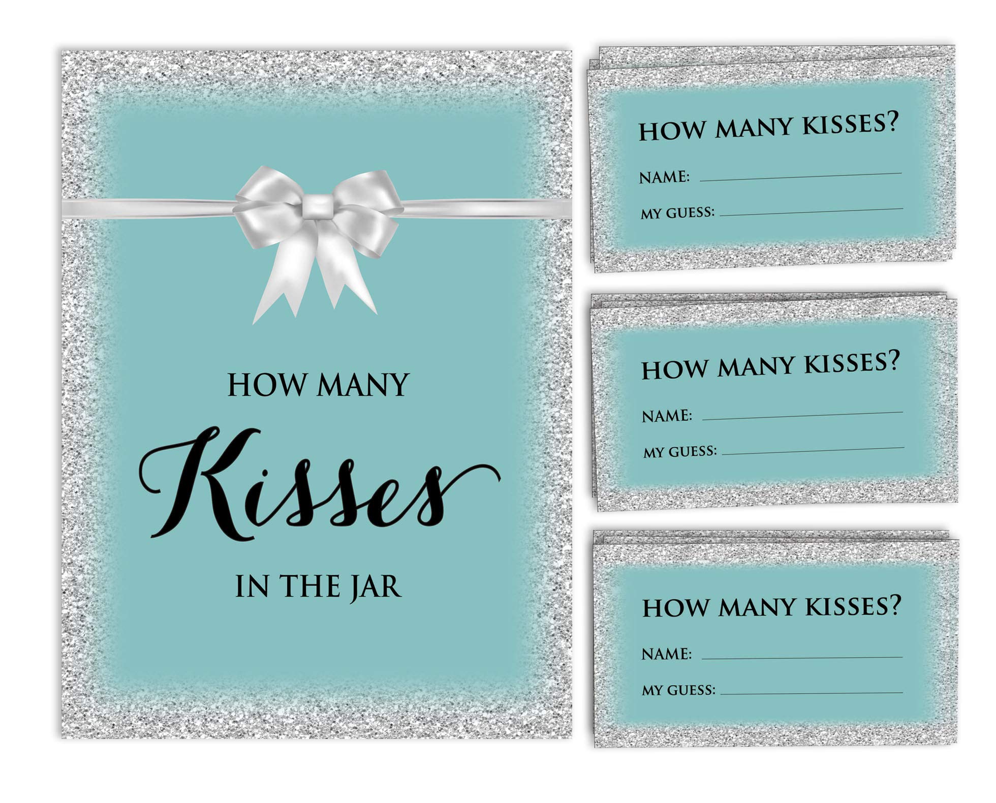 Inkdotpot Aquamarine Glitter How Many Kisses in The Jar Bridal Shower Game 1 Sign + 30 Cards