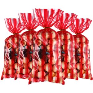 100 pieces plastic circus carnival party treat bags red and white stripe printed clear cellophane carnival party cookie candy goody treat bags with 100 gold twist ties for circus carnival party favor