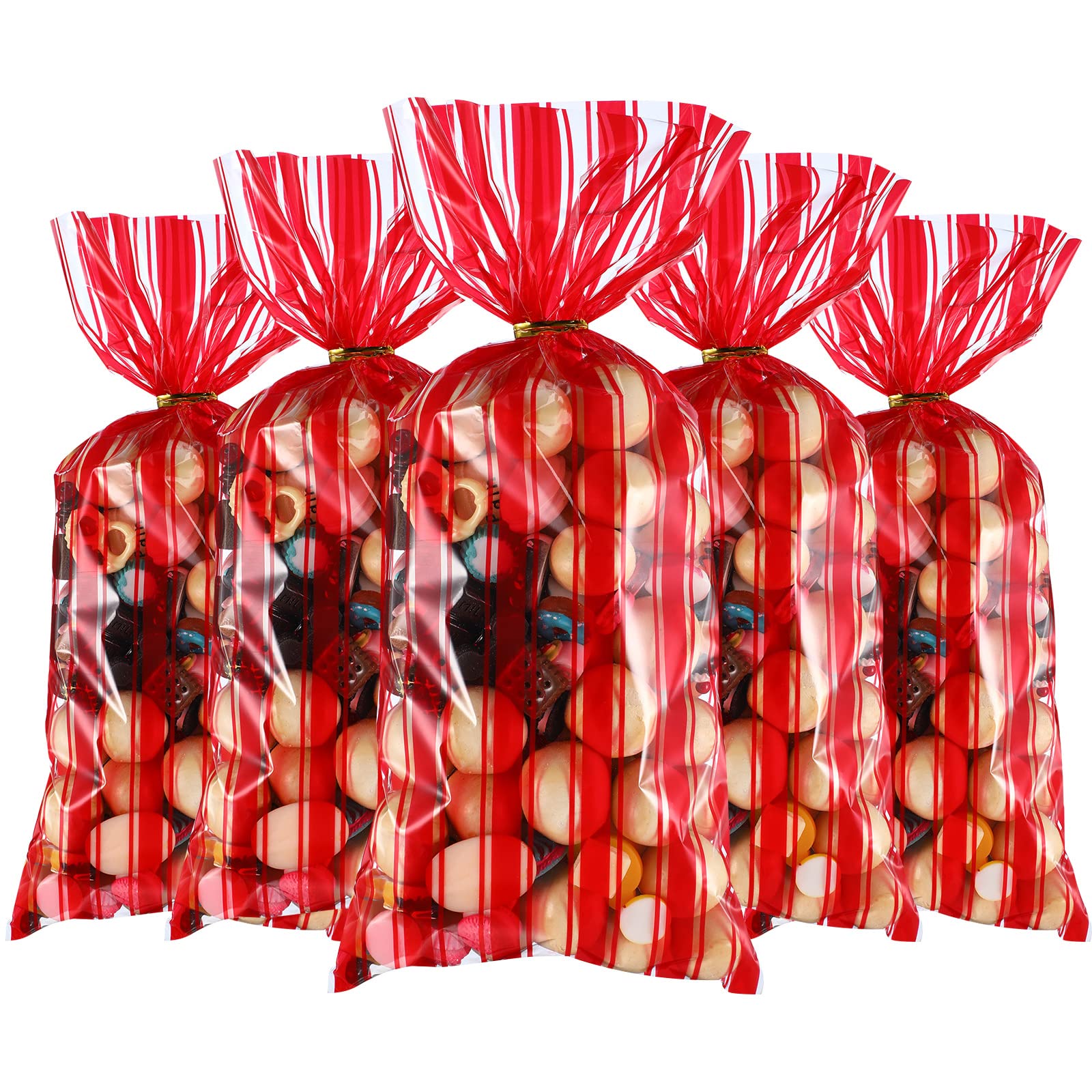 100 Pieces Plastic Circus Carnival Party Treat Bags Red and White Stripe Printed Clear Cellophane Carnival Party Cookie Candy Goody Treat Bags with 100 Gold Twist Ties for Circus Carnival Party Favor