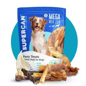 super can bullysticks 2lb mega mix natural dog chews variety - pig ears, cow ears, beef lung, liver, trachea - healthy treats small medium large dogs - long lasting bully & gullet sticks