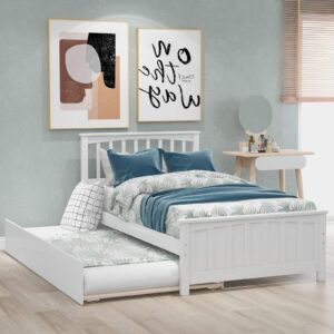 harper & bright designs twin bed frame with trundle, kids platform twin bed with pull out trundle,solid wood, no box spring needed (white (trundle))