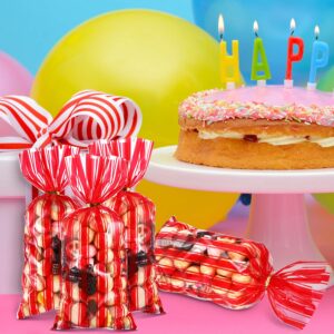 100 Pieces Plastic Circus Carnival Party Treat Bags Red and White Stripe Printed Clear Cellophane Carnival Party Cookie Candy Goody Treat Bags with 100 Gold Twist Ties for Circus Carnival Party Favor