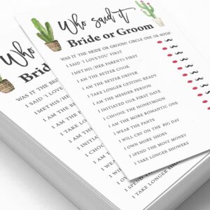 Inkdotpot Cactus Taco'bout Love 50-Pack He Said She Said Cards for Couples Funny Rehearsal Dinner Who Said it Question Bridal Shower Engagement Party Game Ideas