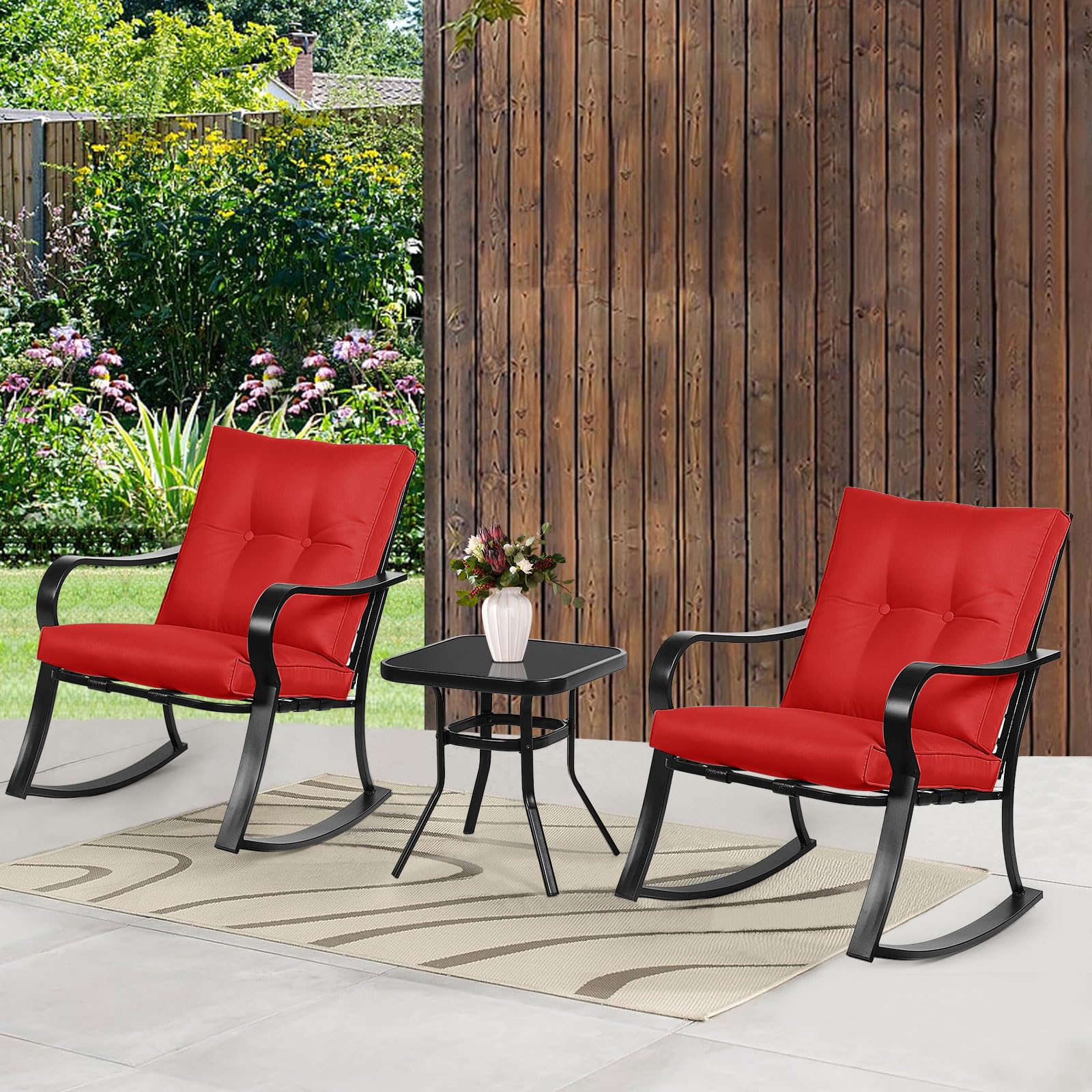 Crownland Outdoor Rocking Chairs Patio Furniture 3 Piece Patio Set Bistro Table Set Black Ironl with Thickened Cushions and Glass Coffee Table, Red