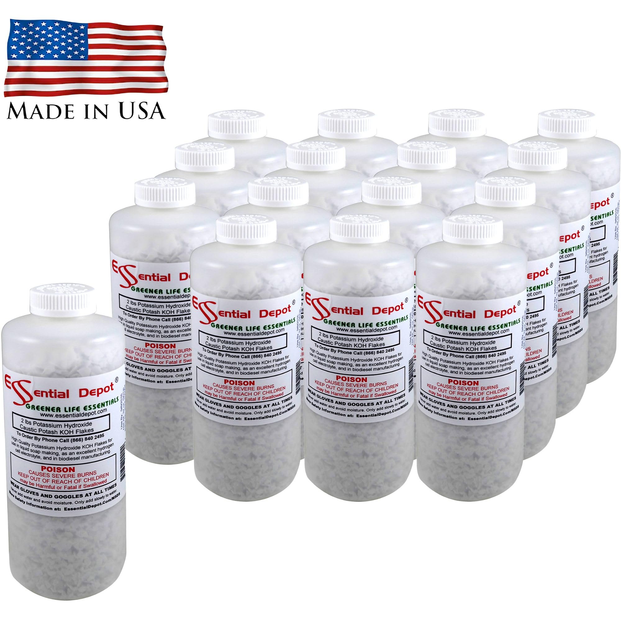 32 lbs Potassium Hydroxide Flakes KOH Caustic Potash Anhydrous KOH Dry Electrolyte - 16 x 2lb Bottles - Lye Drain Cleaner - HDPE container with resealable Child Resistant cap