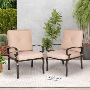 incbruce metal outdoor dining chairs patio chairs set of 2, wrought iron chair steel frame restaurant chair, all-weather garden seating chair with arms and seat cushions (brown)