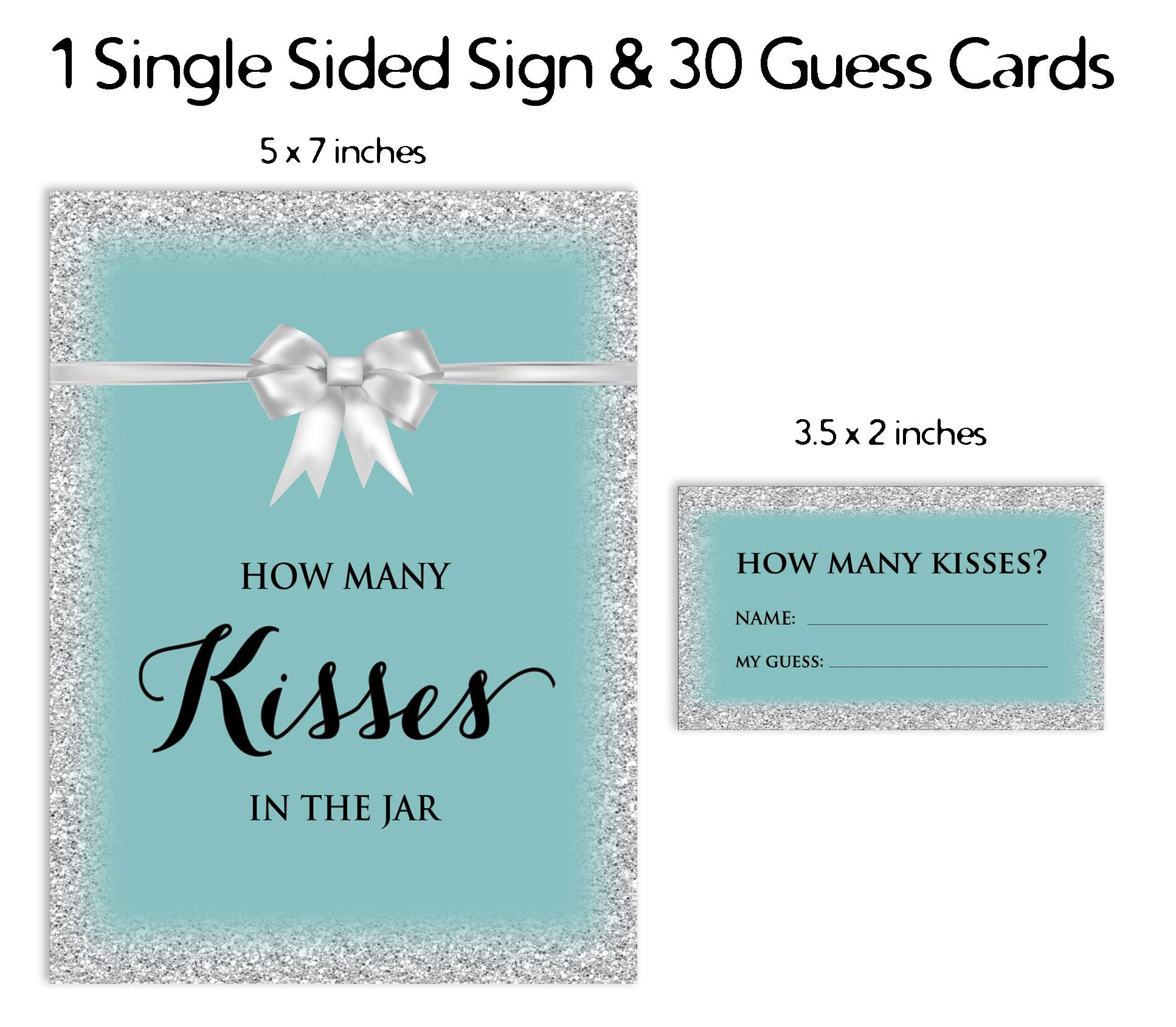 Inkdotpot Aquamarine Glitter How Many Kisses in The Jar Bridal Shower Game 1 Sign + 30 Cards