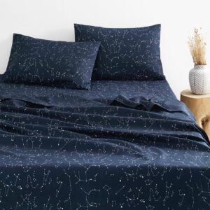 wake in cloud - constellation bed sheets, 4-piece sheet set, celestial space witchy star galaxy astrology, soft microfiber deep pocket bedding, navy blue, twin size