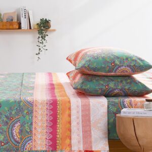 Wake In Cloud - Boho Bed Sheets, 4-Piece Sheet Set, Bohemian Chic Mandala Medallion Colorful Hippie Aesthetic Bedding, Deep Pocket, Orange Green, Twin Size