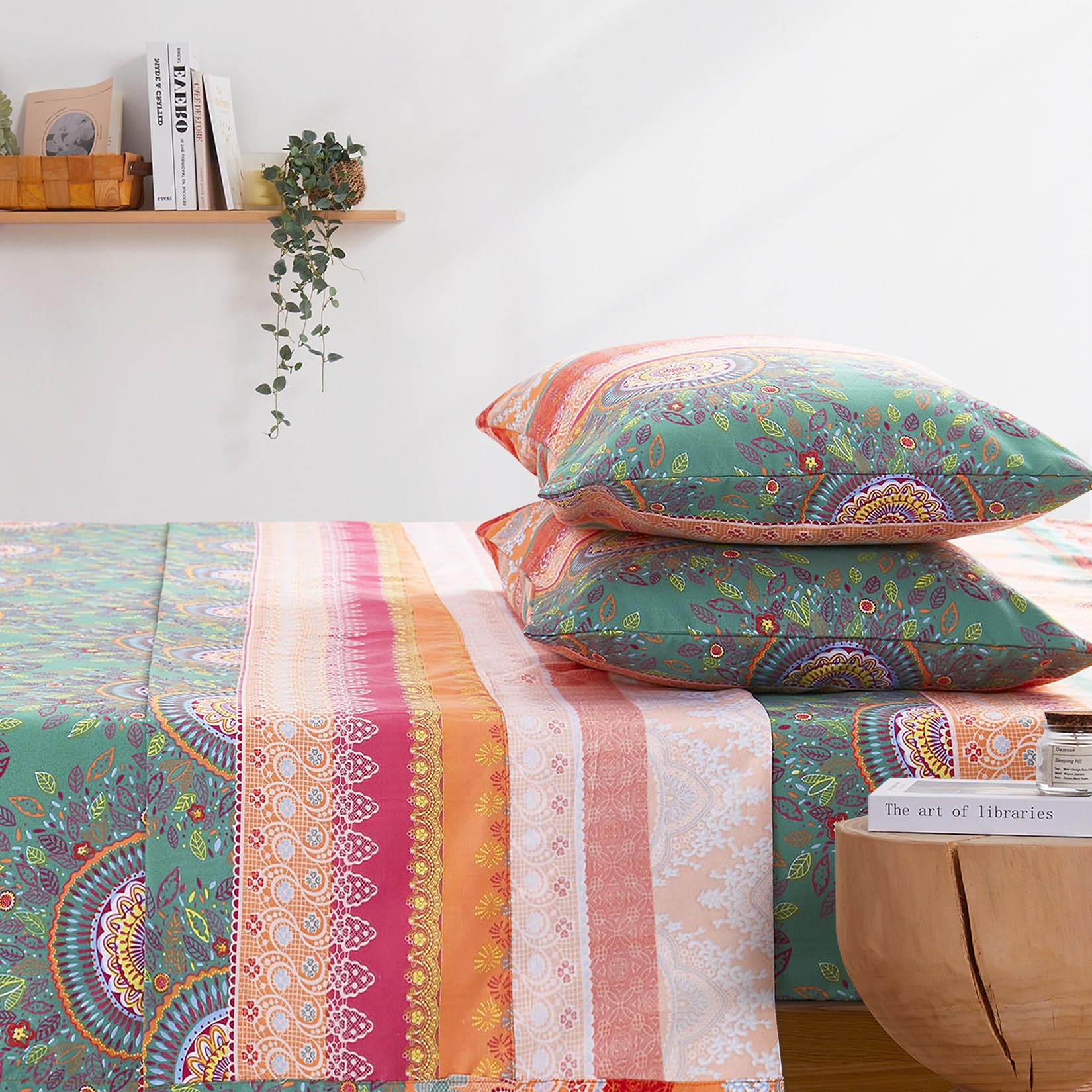 Wake In Cloud - Boho Bed Sheets, 4-Piece Sheet Set, Bohemian Chic Mandala Medallion Colorful Hippie Aesthetic Bedding, Deep Pocket, Orange Green, Twin Size