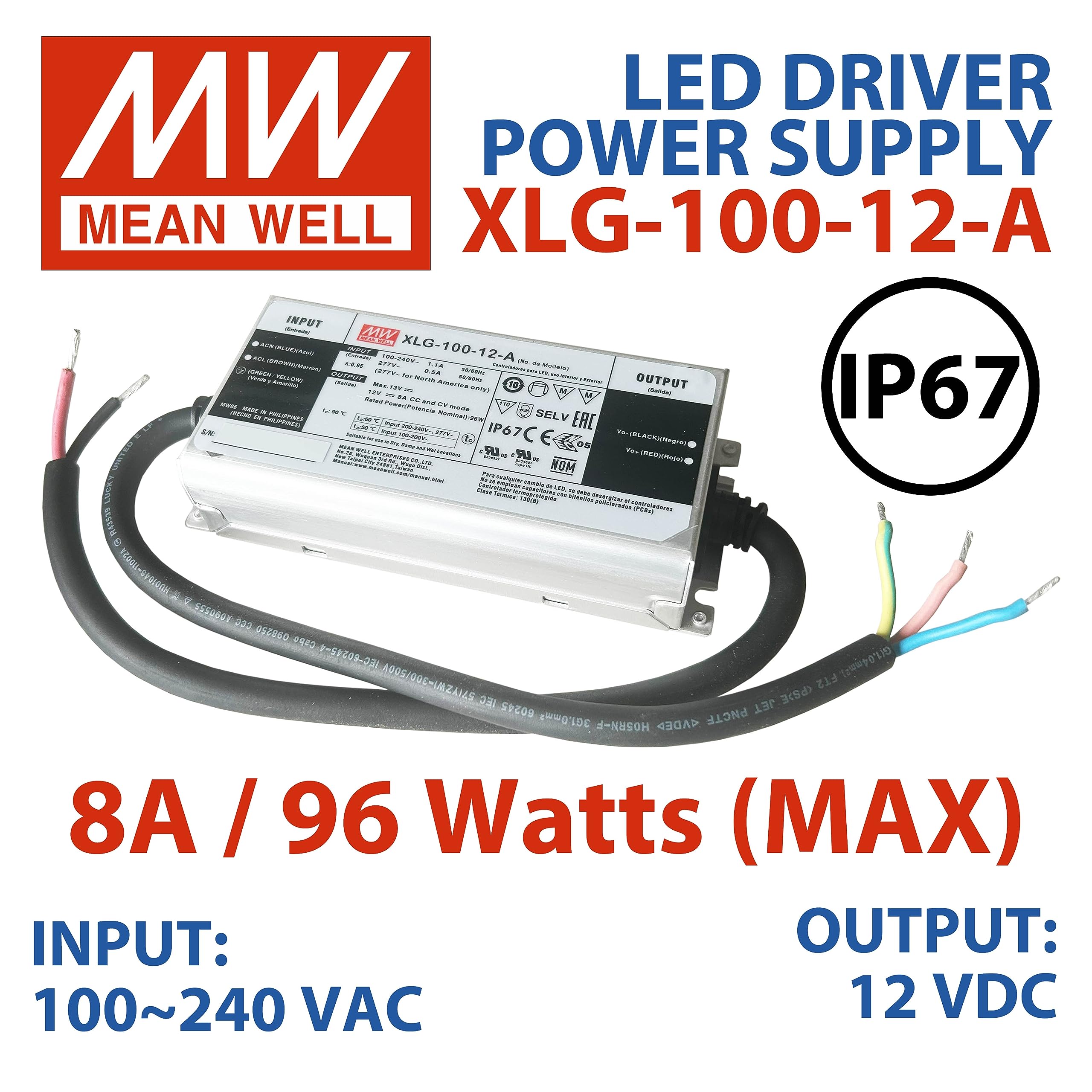 Mean Well XLG-100-12-A LED Power SupplyCont CV+CC 100W 8.4-12V 8A, Io Adj by Potmeter, 100~305VACin