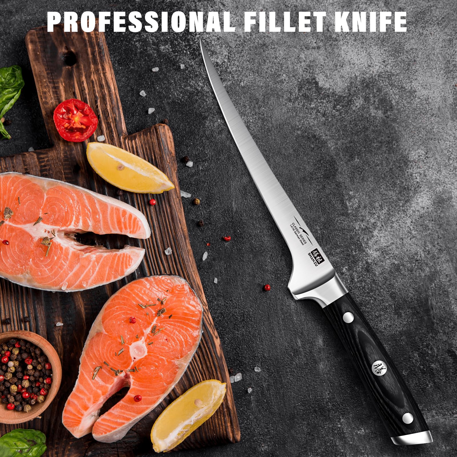 SHAN ZU Fillet Knife 7 inch- Edge Deboning Fish and Meat Boning Knife, Professional Super Sharp Fish Knife Made of German Stainless Steel Boning Knife with Full Tang Handle