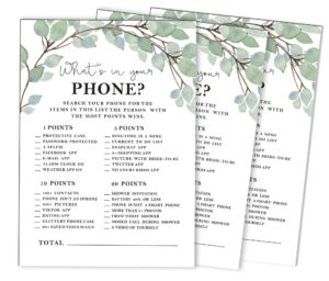 inkdotpot 50-pack greenery whats on your phone bridal shower game wedding shower bachelorette party bulk activity game cards