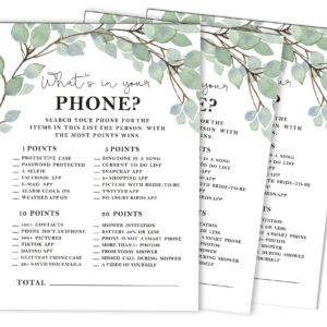 Inkdotpot 50-Pack Greenery Whats on Your Phone Bridal Shower Game Wedding Shower Bachelorette Party Bulk Activity Game Cards