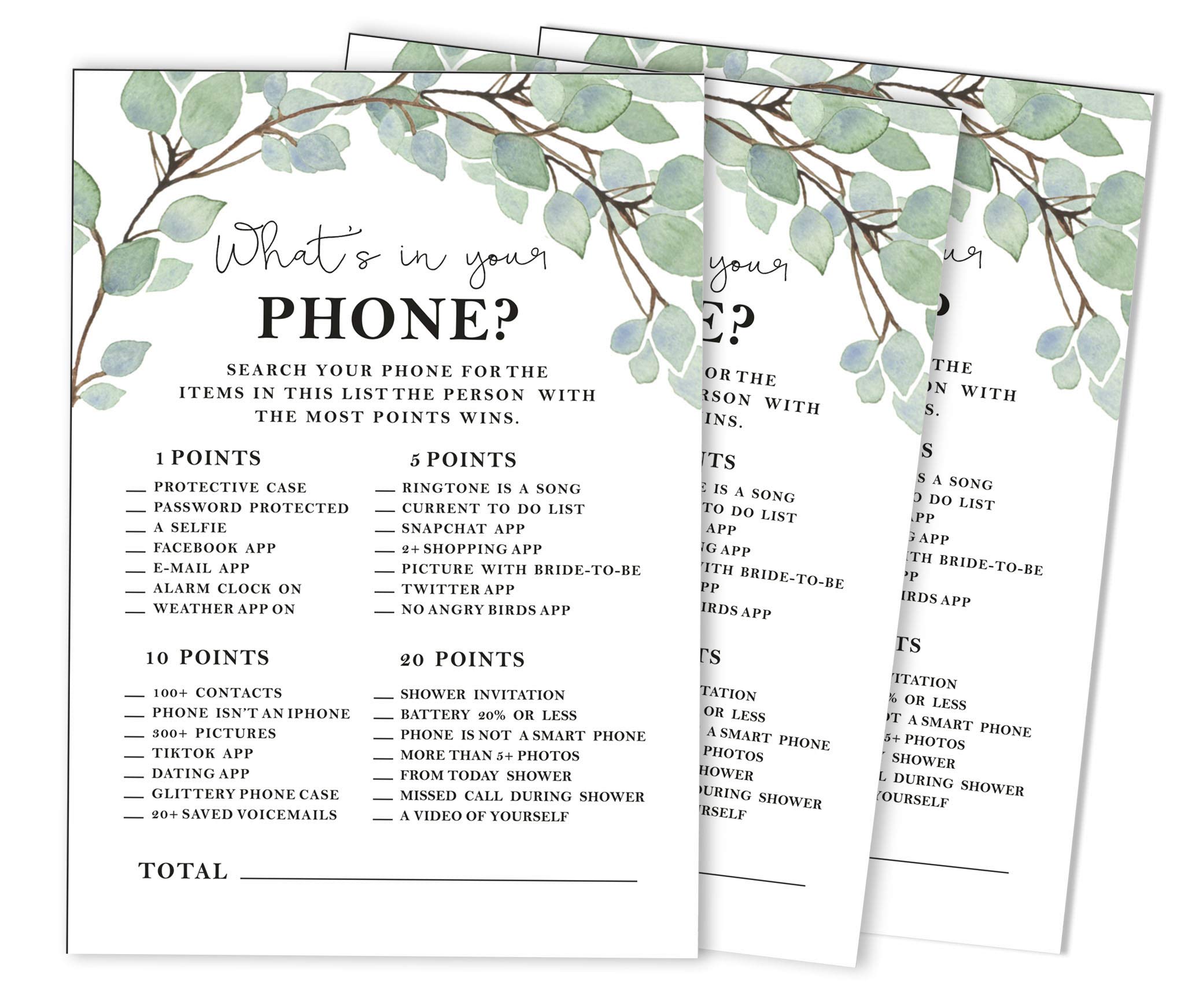 Inkdotpot 50-Pack Greenery Whats on Your Phone Bridal Shower Game Wedding Shower Bachelorette Party Bulk Activity Game Cards