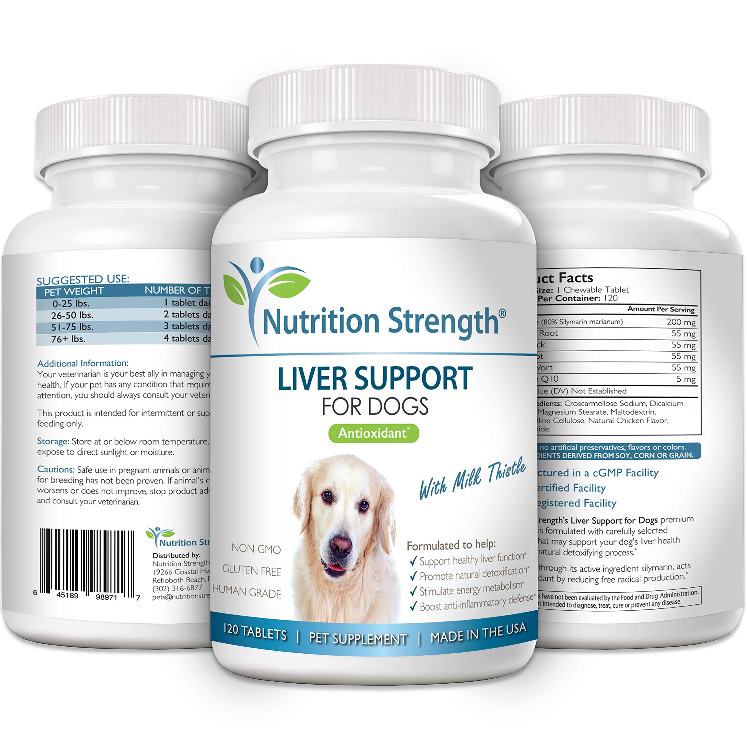 Nutrition Strength Liver Support for Dogs to Promote Natural Detoxification, with Milk Thistle for Dogs, Dandelion Root, Yellow Dock, Nettle Root, St. John's Wort & Coenzyme Q10, 120 Chewable Tablets