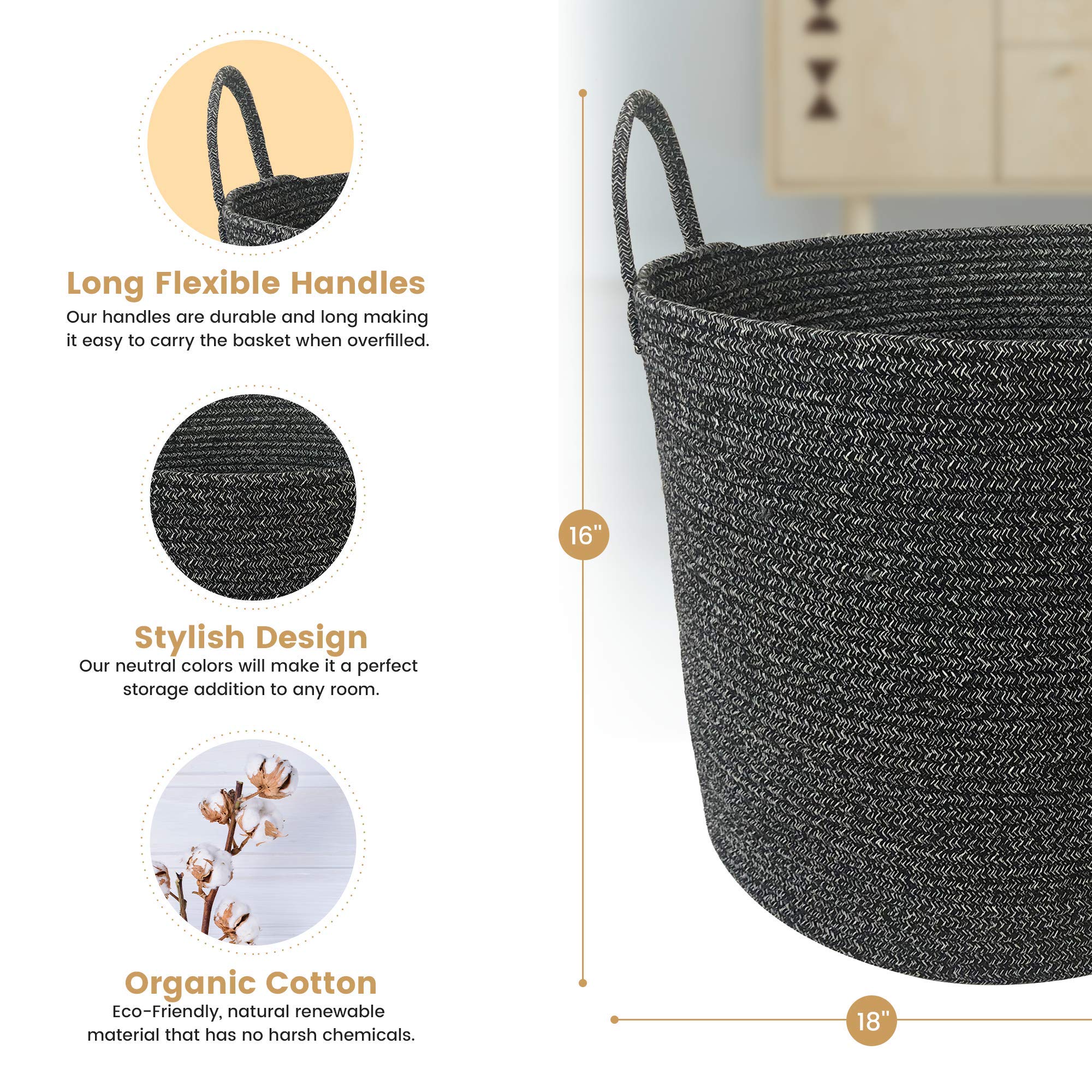 XXL Premium Cotton Rope Basket 18 inch x16 inch - Large Baskets for Storage - Woven Laundry Basket- Black Farmhouse Basket -Rope Storage Baskets - Cotton Basket for Living Room Storage - Wicker Basket