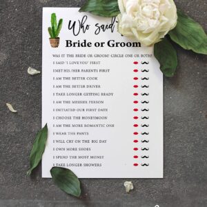 Inkdotpot Cactus Taco'bout Love 50-Pack He Said She Said Cards for Couples Funny Rehearsal Dinner Who Said it Question Bridal Shower Engagement Party Game Ideas