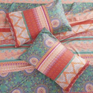 Wake In Cloud - Boho Bed Sheets, 4-Piece Sheet Set, Bohemian Chic Mandala Medallion Colorful Hippie Aesthetic Bedding, Deep Pocket, Orange Green, Twin Size