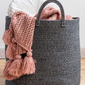 XXL Premium Cotton Rope Basket 18 inch x16 inch - Large Baskets for Storage - Woven Laundry Basket- Black Farmhouse Basket -Rope Storage Baskets - Cotton Basket for Living Room Storage - Wicker Basket