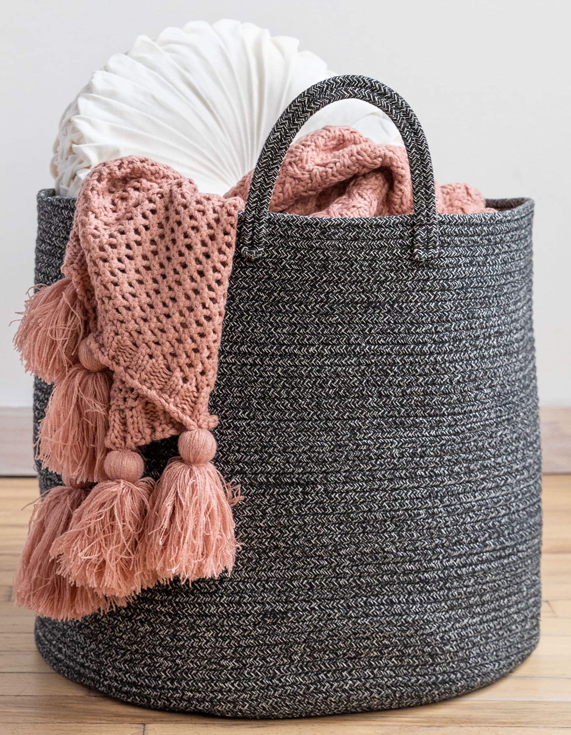 XXL Premium Cotton Rope Basket 18 inch x16 inch - Large Baskets for Storage - Woven Laundry Basket- Black Farmhouse Basket -Rope Storage Baskets - Cotton Basket for Living Room Storage - Wicker Basket