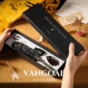 VANGOAL Vintage Black Feather Pen and Ink Set, Classic Series Goose Quill Pen with Carving Pen Stand, Calligraphy Pen Nibs, Black Dip Pen Ink, Antique Writing Gift for Writer