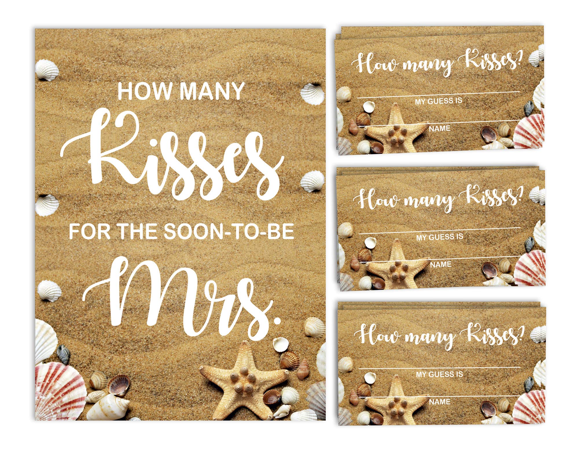 Inkdotpot 1 Sign + 30 Cards How Many Kisses for The Soon to Be Mrs White Beach Bridal Shower Game