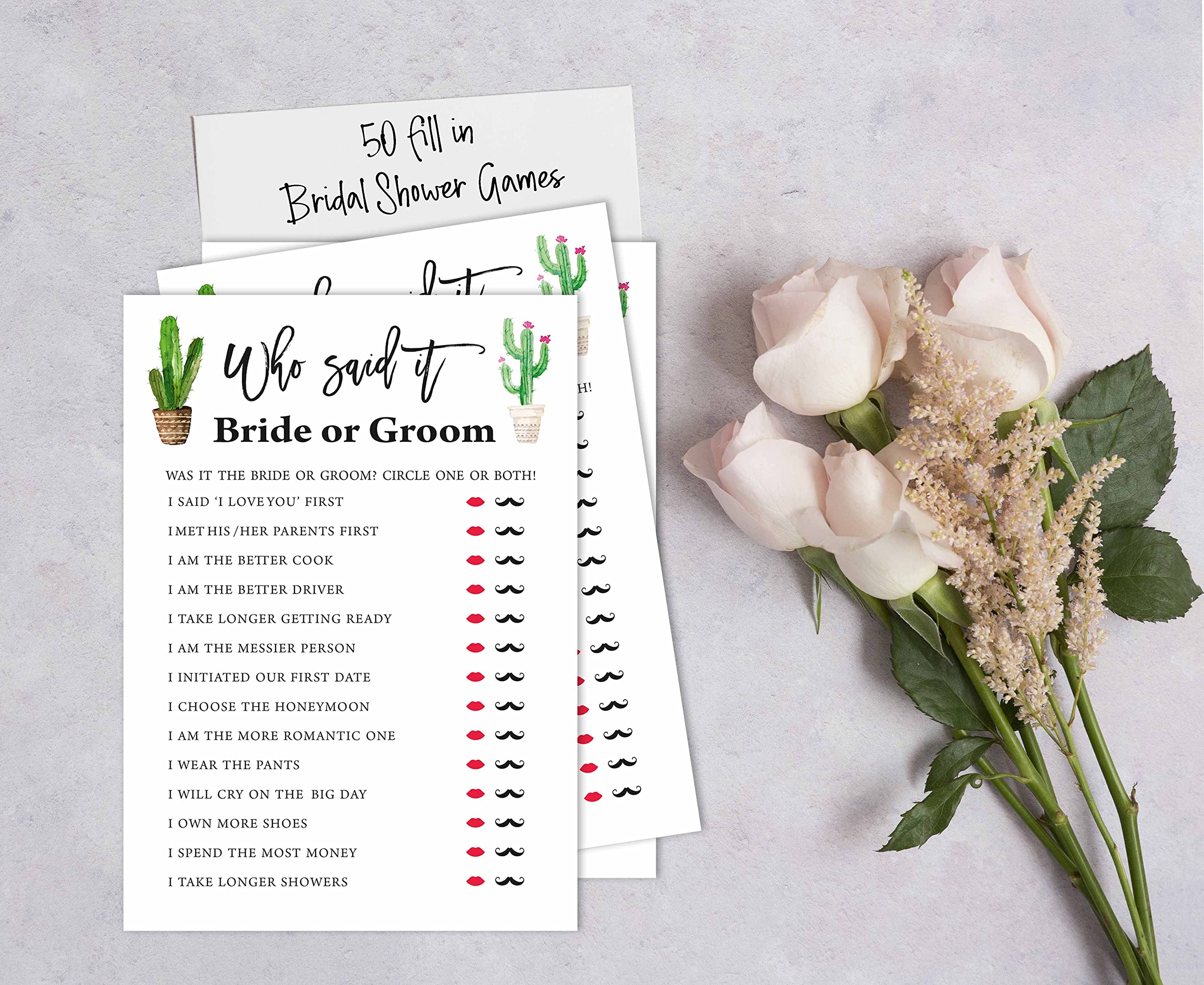 Inkdotpot Cactus Taco'bout Love 50-Pack He Said She Said Cards for Couples Funny Rehearsal Dinner Who Said it Question Bridal Shower Engagement Party Game Ideas