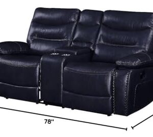 Acme Aashi Leather-Gel Tufted Motion Reclining Loveseat with Console in Navy