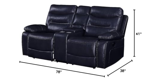 Acme Aashi Leather-Gel Tufted Motion Reclining Loveseat with Console in Navy