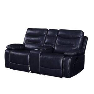 acme aashi leather-gel tufted motion reclining loveseat with console in navy