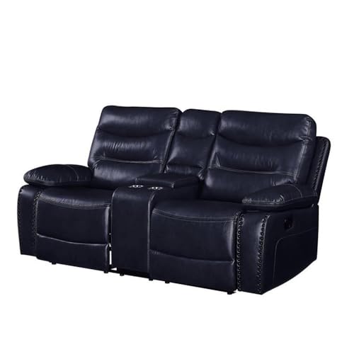 Acme Aashi Leather-Gel Tufted Motion Reclining Loveseat with Console in Navy