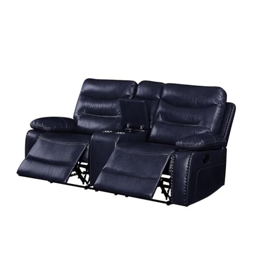 Acme Aashi Leather-Gel Tufted Motion Reclining Loveseat with Console in Navy