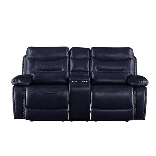 Acme Aashi Leather-Gel Tufted Motion Reclining Loveseat with Console in Navy