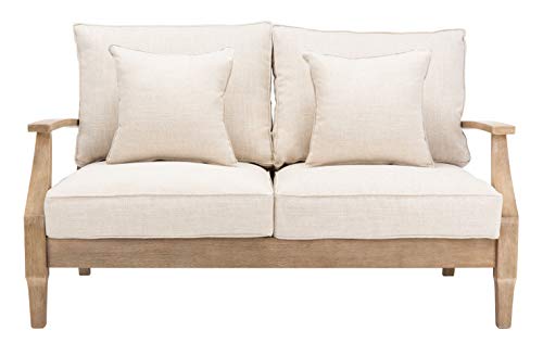 SAFAVIEH Couture Patio Martinique Natural and White Wood Outdoor Loveseat, Natural/White