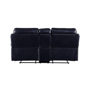 Acme Aashi Leather-Gel Tufted Motion Reclining Loveseat with Console in Navy