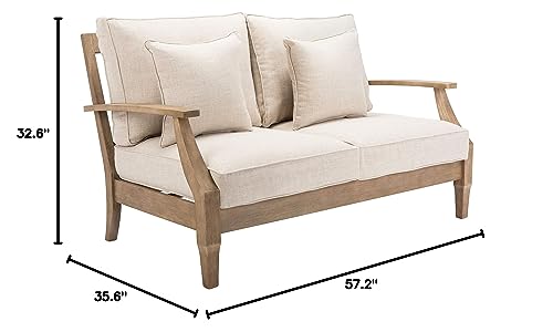 SAFAVIEH Couture Patio Martinique Natural and White Wood Outdoor Loveseat, Natural/White