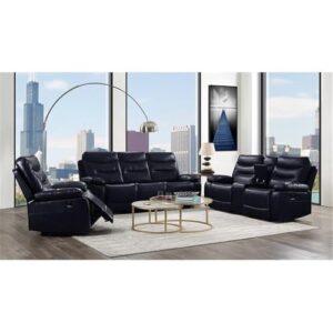 Acme Aashi Leather-Gel Tufted Motion Reclining Loveseat with Console in Navy