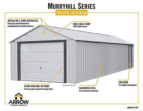 Arrow Shed 14' x 31' Murryhill Garage Galvanized Steel Extra Tall Walls Prefabricated Shed Storage Building, 14' x 31', Flute Gray